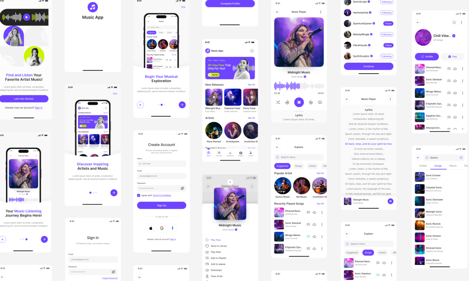 Music Mobile App UI Kit [ 45+ Screens ] Figma » Insight Lancer